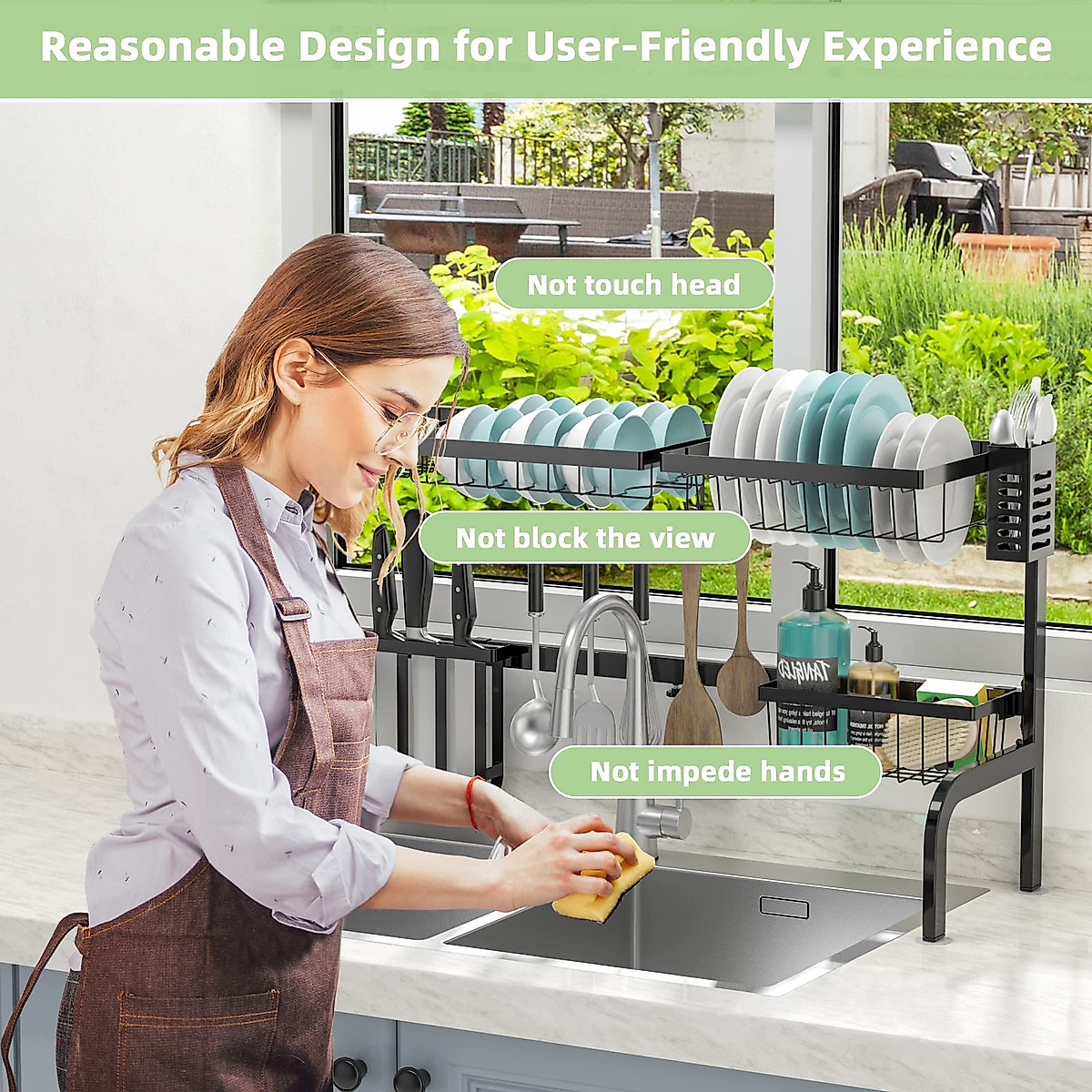 PETSITE Over Sink Dish Drying Rack, 21"-39" Length Adjustable, 2-Tier Dish Drainer for Kitchen Counter Storage, with 4 Baskets and 8 Hooks, Cutting Board & Utensil & Knife Holder, Above Sink Dish Rack