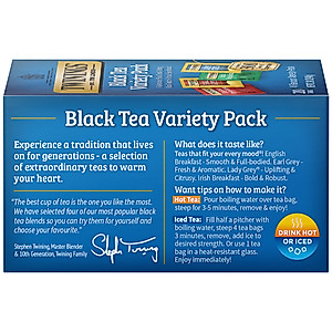 Twinings Black Tea Variety Pack with Earl Grey Tea, English Breakfast Tea, Irish Breakfast Tea, and Lady Grey Tea Bags, Individually Wrapped, 20 Count Ea (Pack of 3)