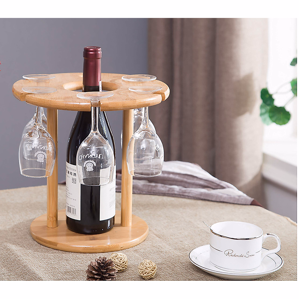 Cedilis Countertop Wine Glass Rack, Tabletop Bamboo Wine Bottle Holder, Wine Glasses Storage Stand, Holds 6 Glasses and 1 Bottle, Perfect for Home Kitchen Decor, Bar, Wine Cellar