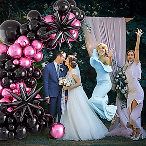 Hot Pink and Black Balloon Arch Kit, 5 10 18 Inch Birthday Party Balloons, Metallic Magenta Black Garland Kit with 2 Black Explosion Star Balloons, DIY Balloon Arch for Birthday Party Decoration