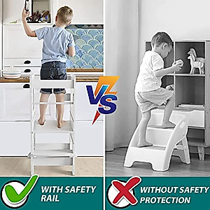 Kitchen Step Stool, WOOD CITY Toddler Kitchen Stool Helper with Safety Rail, Height Adjustable Child Standing Tower Learning Stool for Kitchen Counter and Bathroom Sink (White)