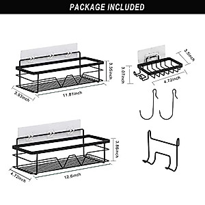 Shower Caddy Basket, Adhesive Shower Shelves with 3 Hooks/1 Soap Holder, No Drilling Bathroom Storage Organizer Rack Stainless Steel Black Shower Self for Inside Shower, Kitchen, Restroom, Toilet