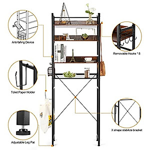 Devo Over The Toilet Storage, 4-Tier Bathroom Organizer, Wooden Bathroom Storage Shelf, with 8 Hooks and Toilet Paper Hook for Laundry, Balcony, Porch, Kitchen (Rustic Brown 2)