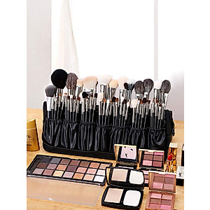 Rownyeon Professional Makeup Brushes Organizer Bag Makeup Artist Cosmetic Case Leather Handbag Black Travel Portable(Only Bag)