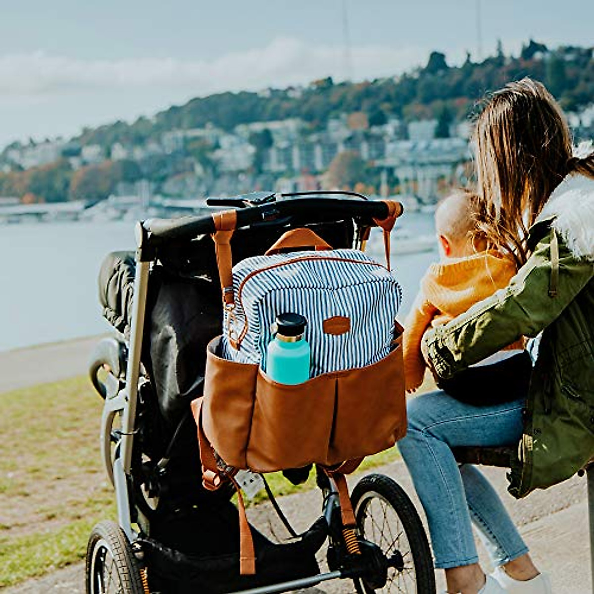JJ Cole Popperton Boxy Backpack Diaper Bag, Ticking Stripe