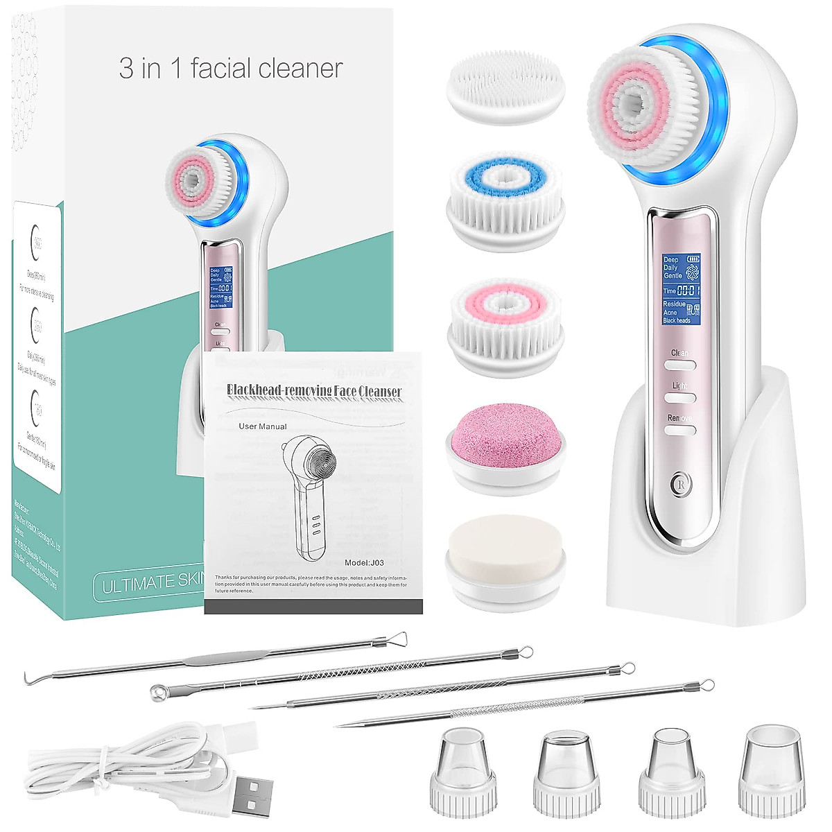 Facial Cleansing Brush Rechargeable,Blackhead Remover Vacuum Tool,IPX7 Waterproof 3 in 1 Face Scrubber for Exfoliating, Massaging and Deep Pore Cleansing