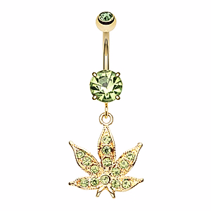 Pierced Owl 14GA Stainless Steel CZ Crystal Green Pot Leaf Dangling Belly Button Ring (Gold Tone/Light Green)