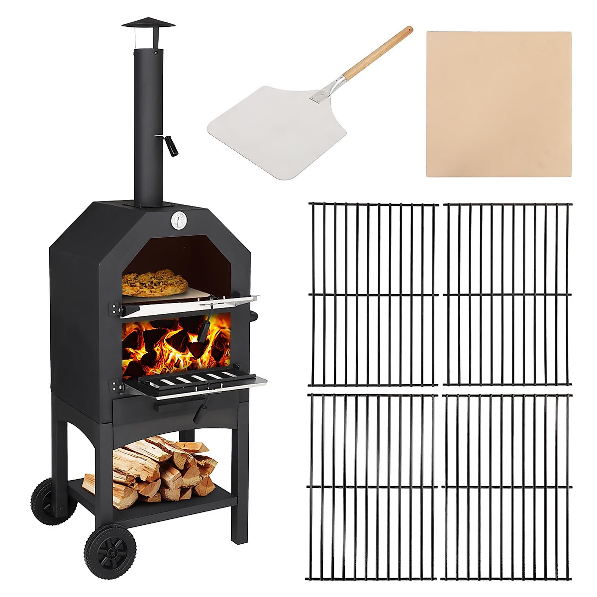 Outdoor Wood Fired Pizza Oven, Pizza Maker With Stone, Peel, Rack, Temperature Control, Built-in Thermometer, Portable on Wheels for Camping, Picnic Black