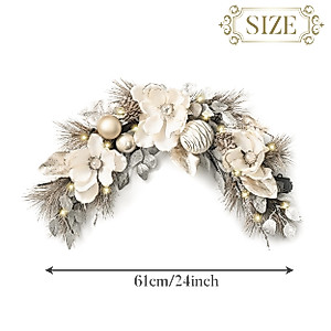 Valery Madelyn Pre-Lit Christmas Swag Outdoor, 24 Inch Mailbox Christmas Decorations Swag Teardrop for Front Door Stairs Railing Window Xmas Decor with 20 LED Lights Champagne Gold Ball Ornament