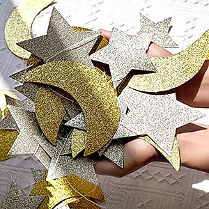 Gold Silver Moon Star Garland for Twinkle Twinkle Little Star Party Decoration/First Birthday/Baby Shower/Wedding/Kids Room/Nursery/Ramadan EID/Graduation Decor/Goodnight Moon Party Decorations