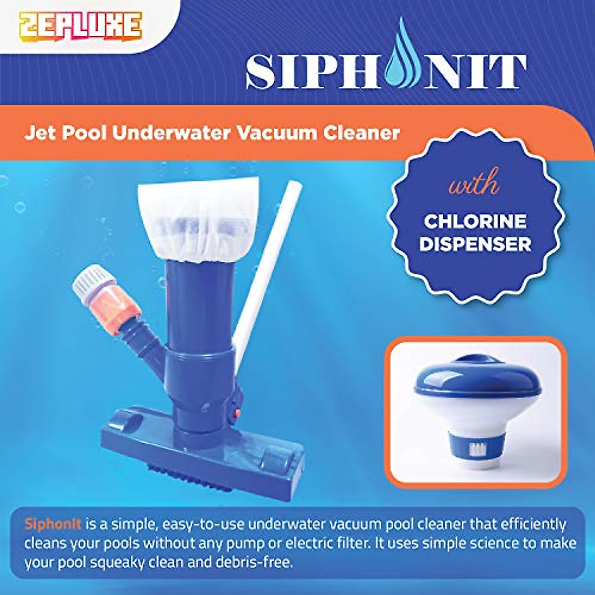Zepluxe Hand Held Portable Vacuum Pool Cleaner for Above Ground Pools- Ideal for Above Ground Home Pools, Swimming Pools- Automatic Jet Pool Cleaner with Telescopic Pole