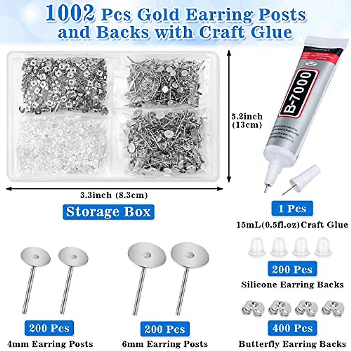 Jewelry Glue with Earring Posts,1002Pcs Stainless Steel Earring Posts with Butterfly and Rubber Earring Backs, Hypoallergenic Stud Earring Posts with Glue for Jewelry Making DIY Earring Kit