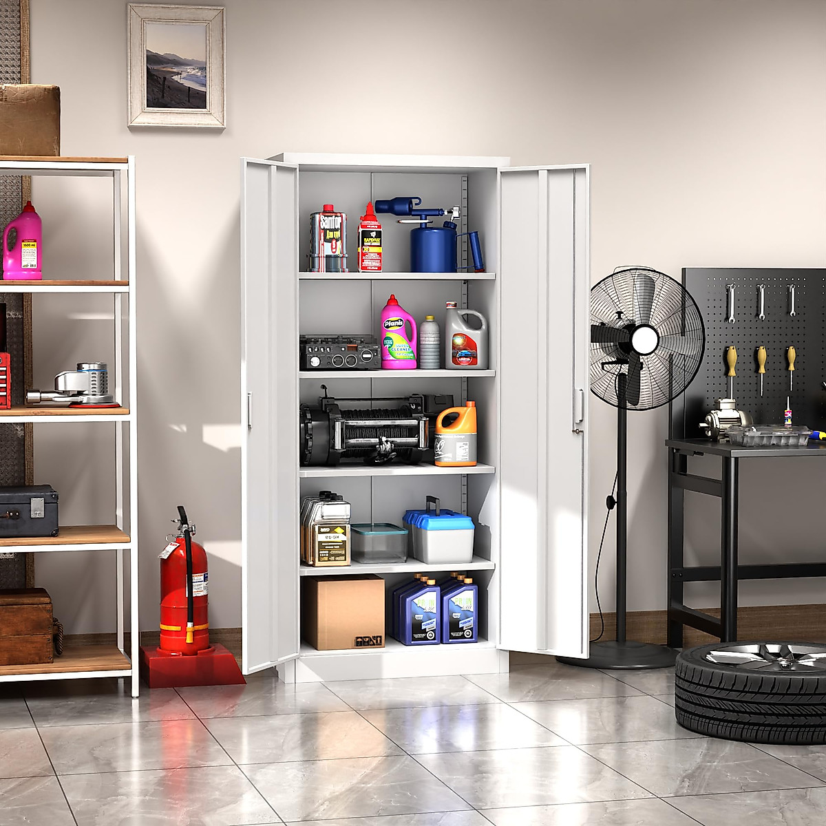 LOCENHU Metal Storage Cabinet with 2 Doors and 4 Adjustable Shelves - 71" Locking File Cabinet,Locking Tool Cabinet for Office,Home,Garage,Gym,School (White),Requires Installation