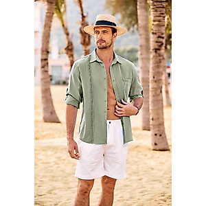 COOFANDY Guayabera Shirts for Men Long Sleeve Linen Cuban Shirts for Men Casual Button Down Shirts Beach Shirts Light Green