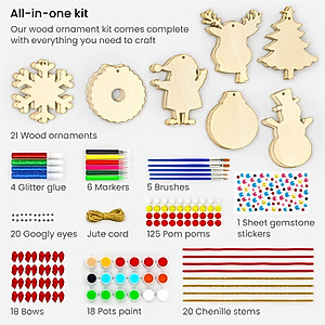 Arteza Kids Wooden Christmas Ornaments, 21 Blank Cut-Out Christmas Decorations, Over 200 Pieces, Includes Paint, Markers, Brushes, and Accessories, Craft Supplies for Kids’ After School Activities