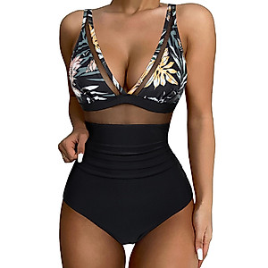 SUUKSESS Women Slimming Tummy Control One Piece Swimsuits Sexy Mesh High Waisted Monokini Bathing Suits (Black-Pink Floral, M)