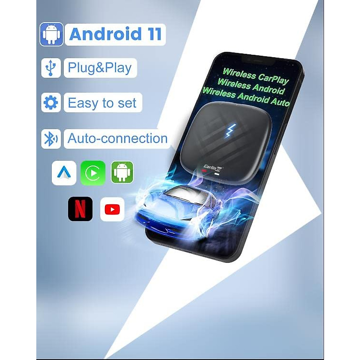 Carlinkit Ai Box Mini, Android 11, Multimedia Video Magic Box,3GB+32GB,Built-in GPS,Wireless Caplay & Wireless Android Auto, Only Support Car with OEM Wired CarPlay