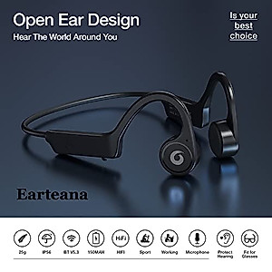 EARTEANA Bone Conduction Headphones, Open-Ear Bluetoth Sport Headset, Wireless Earphone/Earbuds Built-in Mic for Work Out, Running, Hiking, Bicycling, Driving (Black)