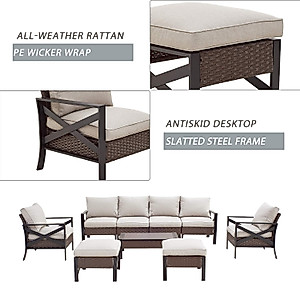 Festival Depot 9 Pcs Patio Outdoor Furniture Conversation Set Sectional Sofa with All-Weather Brown PE Rattan Wicker Back Chair, Ottoman, Coffee Table and Soft Thick Removable Couch Cushions