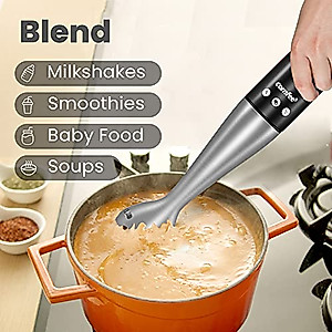 COMFEE' Immersion Hand Blender, Brushed Stainless Steel, 2-Speed, Multipurpose Stick Blender with 200 Watts, 600ml Mixing Beaker and Whisk, Perfect for Baby Food, Smoothies, Sauces and Soups, Black