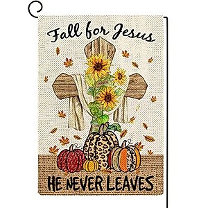 ORTIGIA Fall for Jesus Pumpkin Garden Flag He Never Leaves Christian Cross with Sunflowers Flag Vertical Double Sided Autumn Thanksgiving Harvest Farmhouse Seasonal Holiday Yard Décor 12x18inch
