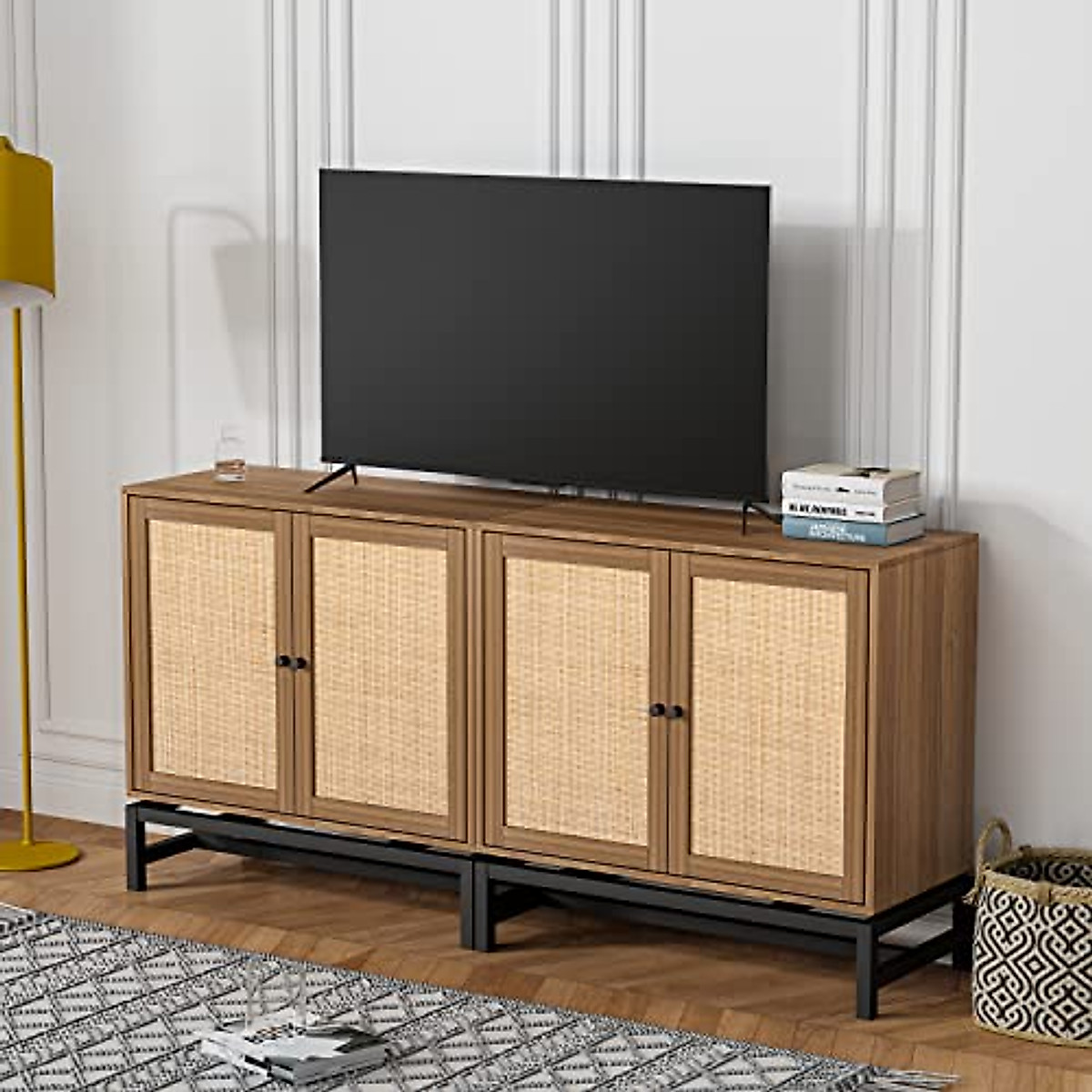 Sideboard Buffet Side Cabinet with Natural Rattan and 2 Magnetic Door, 2-Tier Storage Cabinet Accent Cabinet Console with Metal Bracket, for Living Room Bedroom, Entryway (Rattan Low Leg)