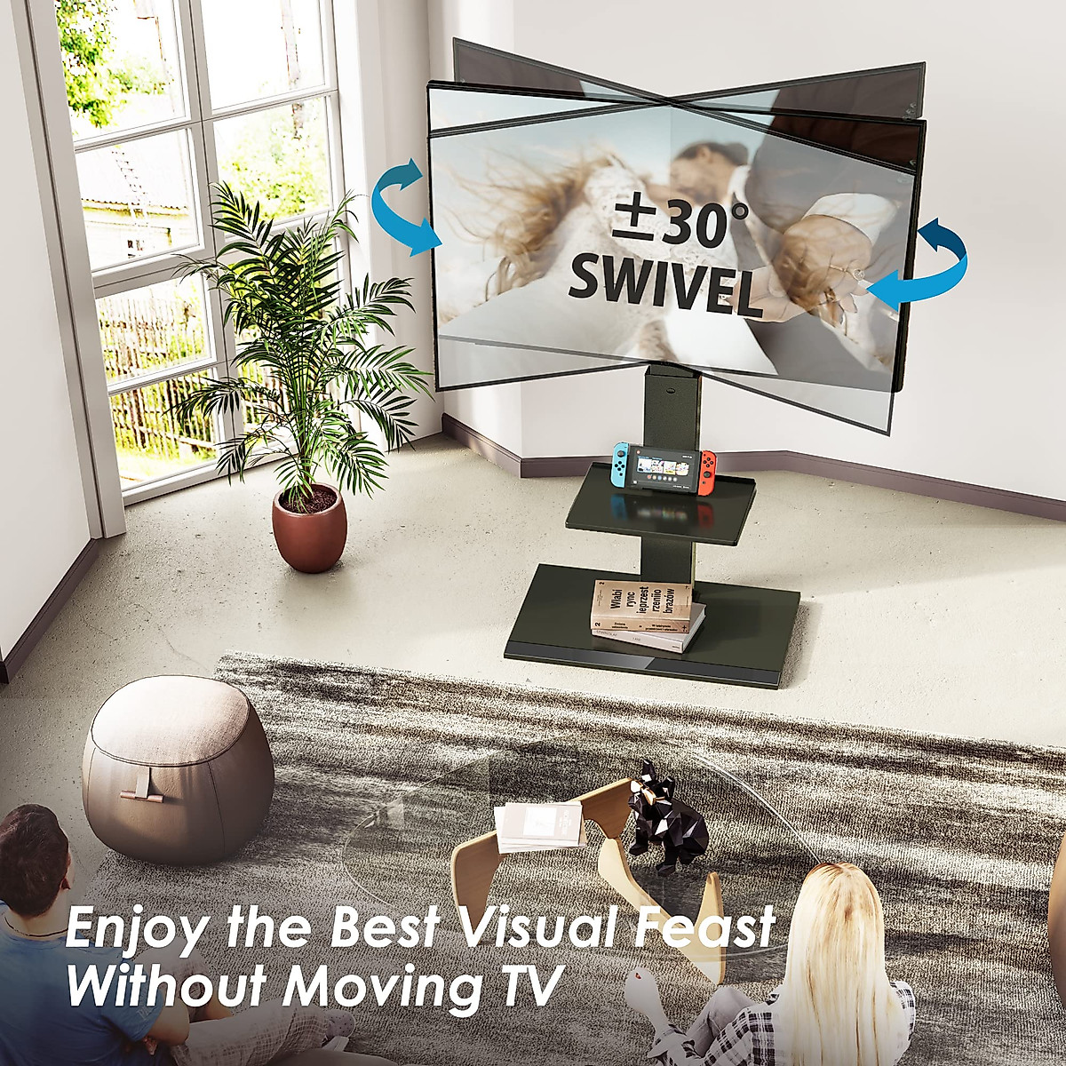 FITUEYES Floor TV Stands with Swivel TILT Mount for 32 39 40 43 49 50 55 60 65 70 75 Inch LCD LED TVs with Iron Base Adjustable Shelf Universal Television Stands for Bedroom and Living Room (Black)