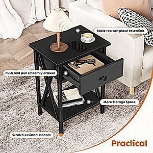 Sweetcrispy Nightstands Set of 2 Bedside Tables Night Stand with Storage Drawer, Side Tables End Table for Bedroom Living Room (Black)