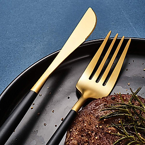 24-Piece Gold Silverware Set with Black Handle, Stainless Steel Flatware Set, Tableware Cutlery Sets for 6 Including Forks Spoons Knives, Kitchen Utensil Set for Home and Restaurant(Black Gold)