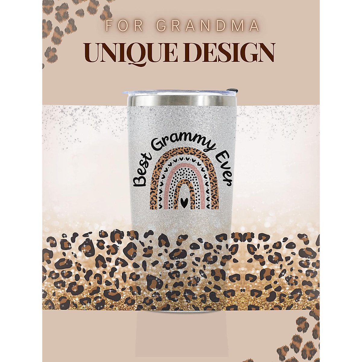 Onebttl Grammy Gifts from Granddaughter, Grandson, Insulated Stainless Steel Wine Tumbler with Lid and Straw, for Grandma on Mother's Day, Birthday, Christmas, Best Grammy Ever, Glitter Silver, 20 oz