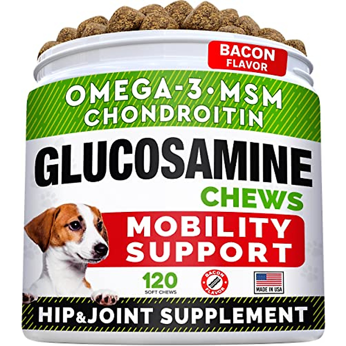 Glucosamine Treats for Dogs - Joint Supplement w/Omega-3 Fish Oil - Chondroitin, MSM - Advanced Mobility Chews - Joint Pain Relief - Hip & Joint Care - Bacon Flavor - 120 Ct - Made in USA