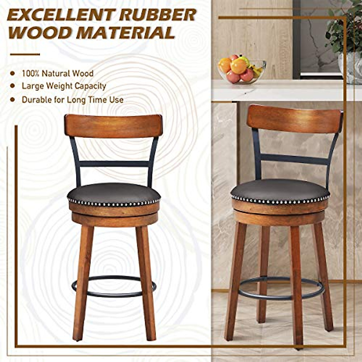 COSTWAY Bar Stools Set of 2, 360-Degree Swivel Stools with Leather Padded Seat, Single Slat Ladder Back & Solid Rubber Wood Legs, Counter Height Stools for Pub, Restaurant, Kitchen, Brown (2, 25.5)