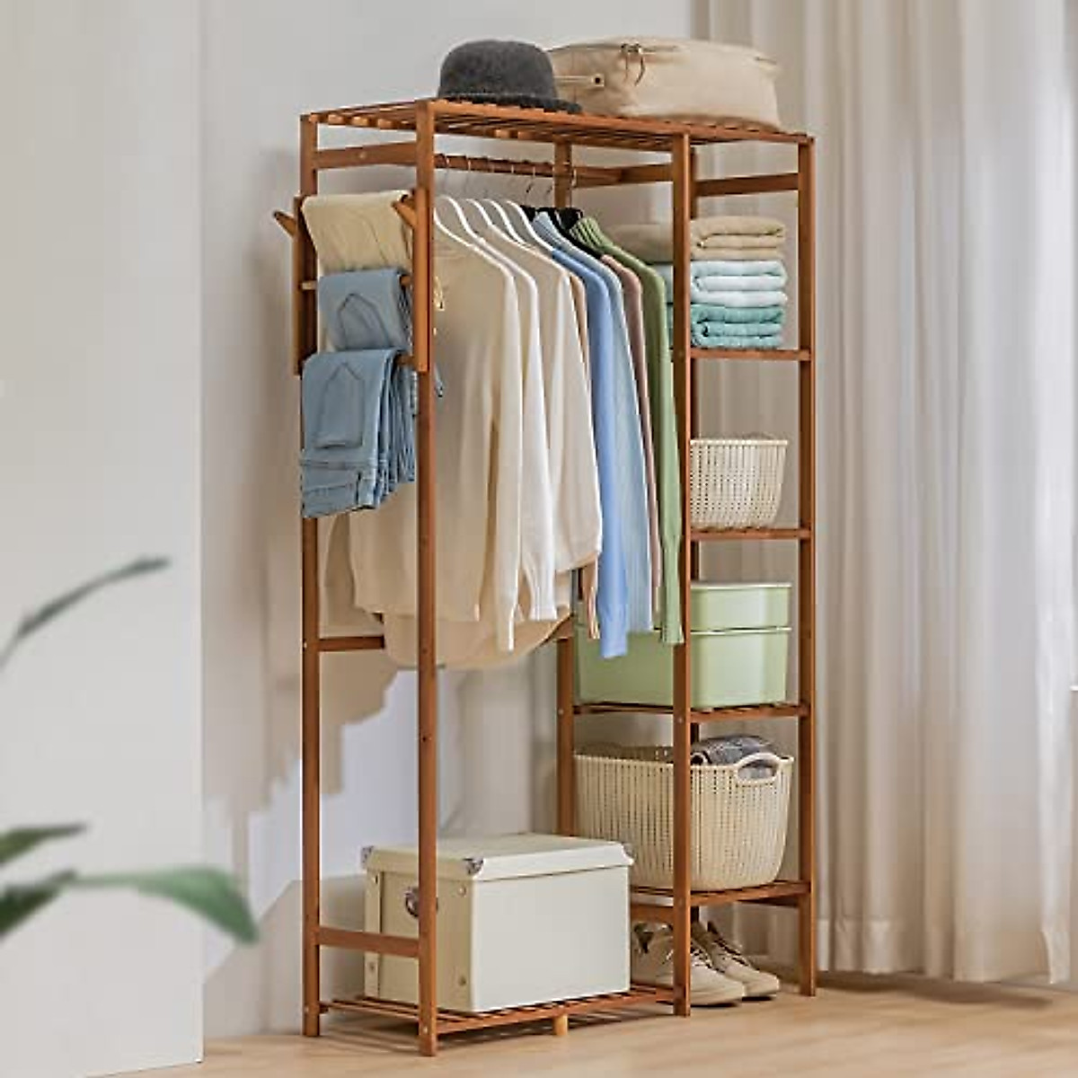 MoNiBloom Bamboo Garment Rack with Shelves 6 Tier Closet Coat Storage Organizer Clothes Hanging Rack with Pants Rack & Hooks for Bedroom, Living room, Office, Mudroom, Brown