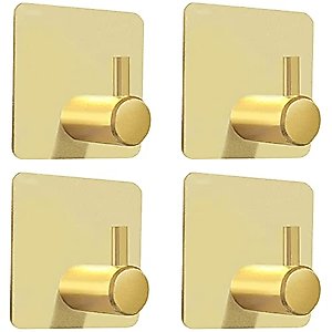 Biomoty Gold Adhesive Hooks, 4 Pack Wall Hooks Heavy Duty, Waterproof Sticky Hooks for Hanging Towel, Key, Coat, Hat, Robe, Clothes, Towel Hook for Bathroom Kitchen Wall Mounted (Gold)