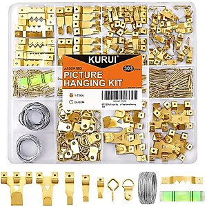 KURUI 303Pcs Picture Hanging Kit, Picture Hangers Assorted Kit With Heavy Duty Wall Hooks, Sawtooth, Picture Wire, D Rings, Hardware Nails, Eye Hooks and Picture Hanging Tool for Frame Canvas Mounting