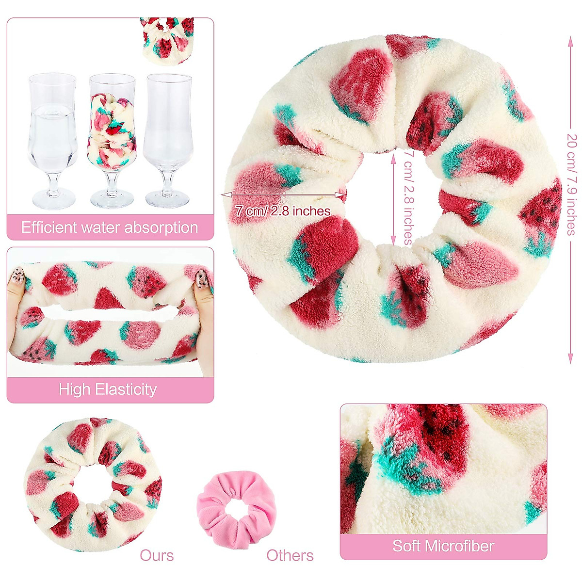 4 Pieces Large Soft Microfiber Hair Towel Scrunchies with Fuzzy Fruit-Shaped Pom Poms - Ponytail Holders for Wet and Dry Hair Styling Accessories for Women