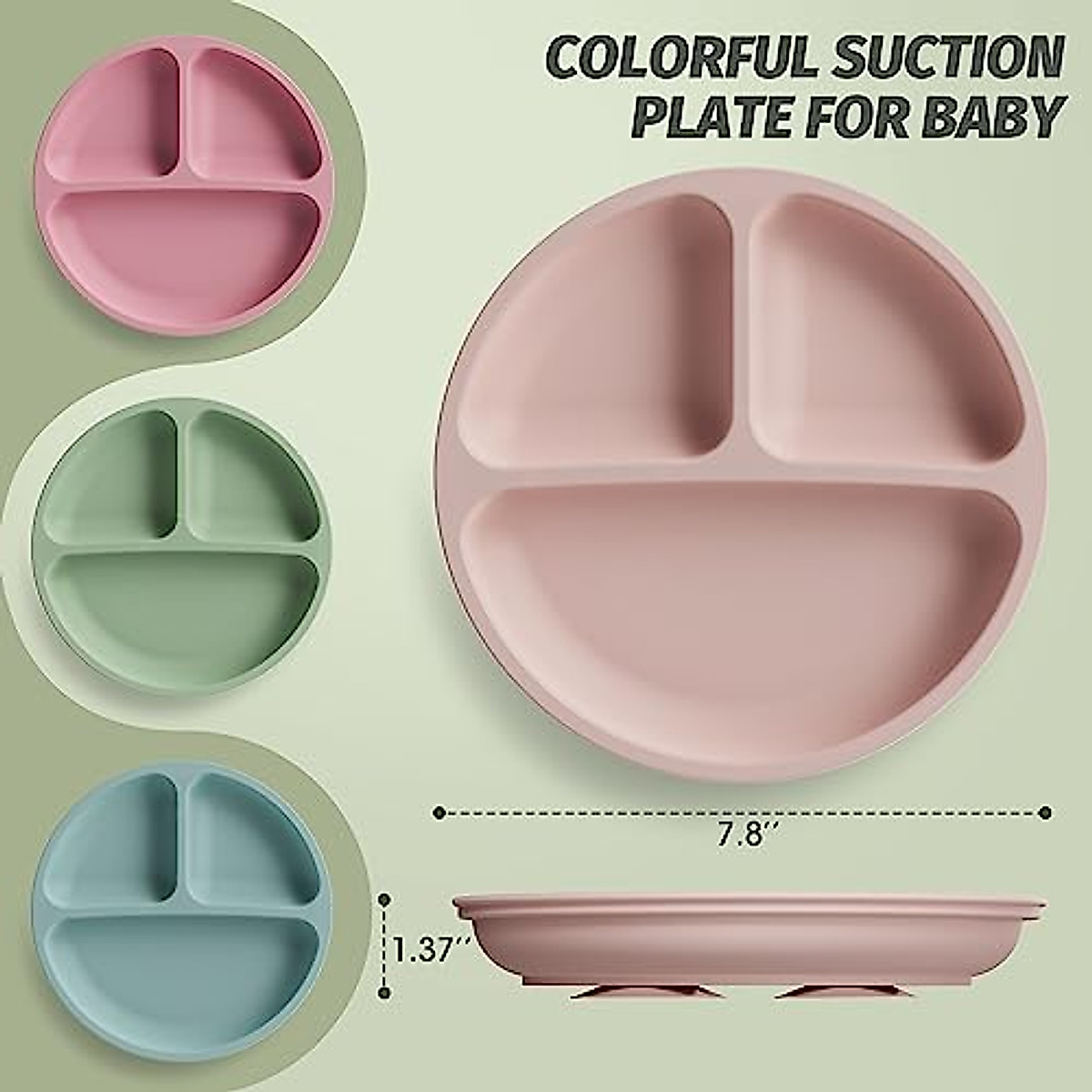 ME.FAN Suction Plates [4 Pack] Toddler Plates for Babies & Toddlers, Food Grade Silicone Baby Plates with Divided Design, Stay Put with 4 Suction Cups for Self Feeding