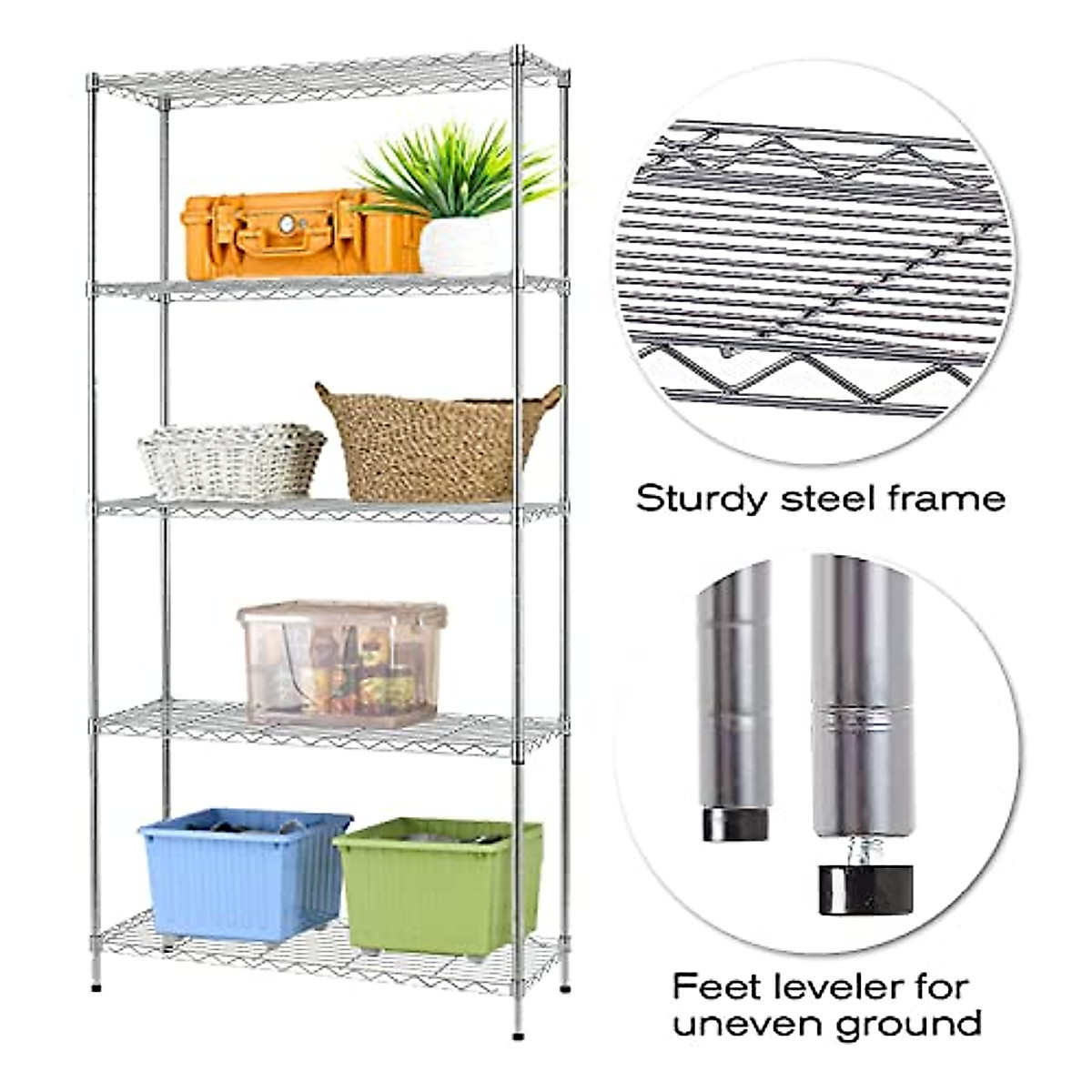 HCY 5-Tier Storage Shelf Heavy Duty Storage Shelving Unit NSF Height Adjustable Metal Storage Rack for Laundry Bathroom Kitchen Garage Pantry Organization - 14"x36"x72" (Chrome)