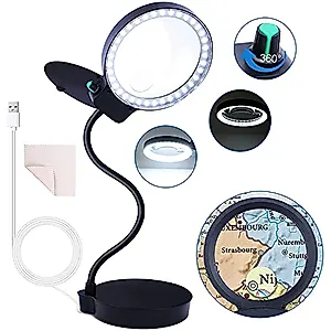 Magnifying Glass with Light and Stand, 10X 20X Magnifying Desk Lamp with Brightness Stepless Dimmable , Adjustable Gooseneck for Reading, Close Work, Hobbies