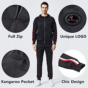 DUOFIER Men's Casual Tracksuit Long Sleeve Full-Zip Running Jogging Sports Jacket and Pants, Black-XL