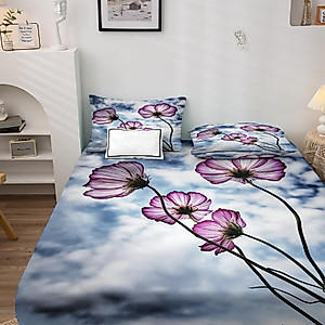 Poppy Sheets Full Size, Plant Sky Bed Sheets, Patterned Bedding Sheets & Pillowcases 4 Piece Set - Soft Microfiber Deep Pocket Fitted Sheet & Flat Sheet & 2 Pillow Cases L5-&-328