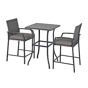 JOIVI 3 Piece Patio Bar Set, Outdoor Wicker Counter Height Bar Stools and Wood Top Table Set for 2 People, Bar Height Table Bistro Set with 2 Bar Chairs and Cushions for Backyard, Balcony