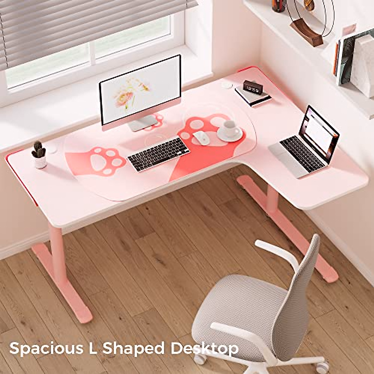 EUREKA ERGONOMIC L60 Gaming Desk L Shaped, 60 Inch Large Pink Computer Table Home Office Corner Study Writing Modern Workstation w Mouse Pad Cable Management, Space Saving, Gift for Girl Female, Right