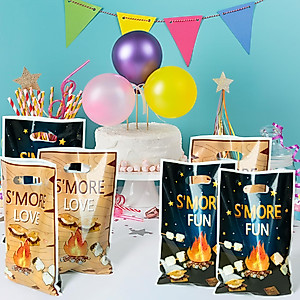 ArowlWesh S’more Camping Party Favor Bags - 50Pcs Plastic S’more Love Candy Treat Gift Bag with Handles Fun Snack Goodie Bags Campfire Camping Party S’more Birthday Supplies Baby Shower Wedding Decor
