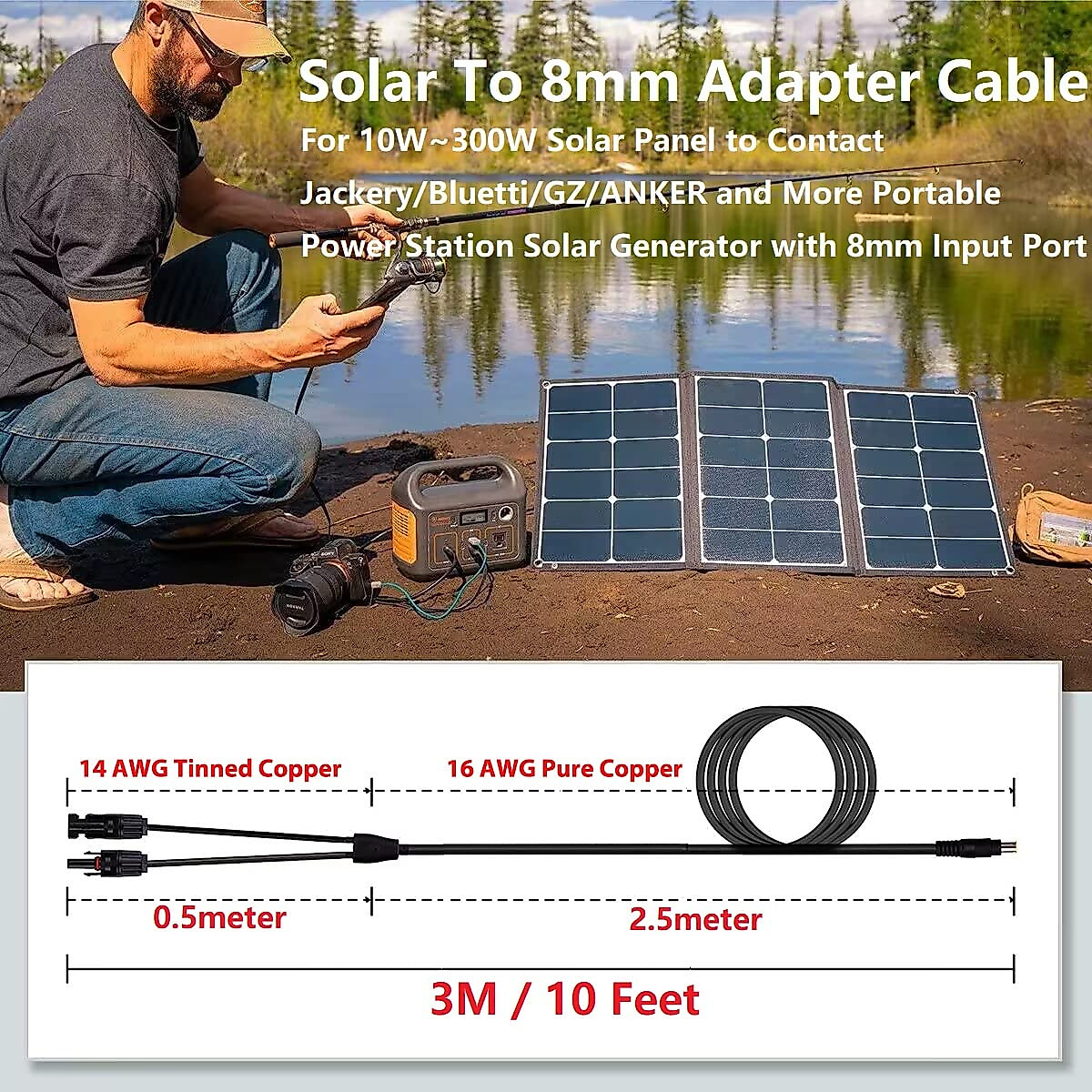 MJPOWER MC-4 to 8mm Adapter Extension Cable 10FT Compatible Solar Panel and Portable Power Station Solar Generator Fit Goal Zero Yeti/Jackery/Anker/BLUETTI EB3A/EB70/EB70S Power Station Renogy Panels
