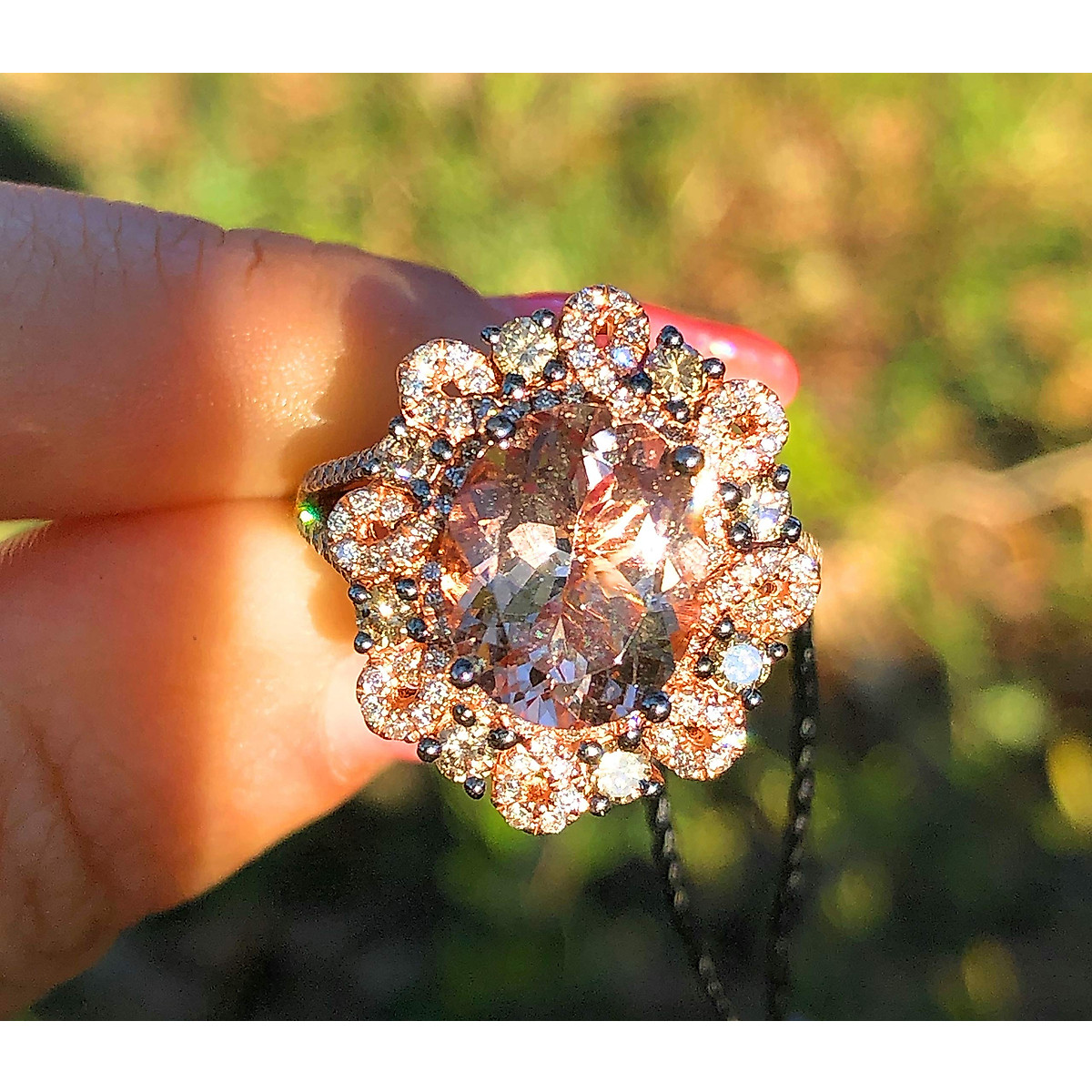 LEVIAN Ring Peach Morganite Chocolate and Vanilla Diamond 3.21 cttw 14K Rose Gold Size 7 NEW