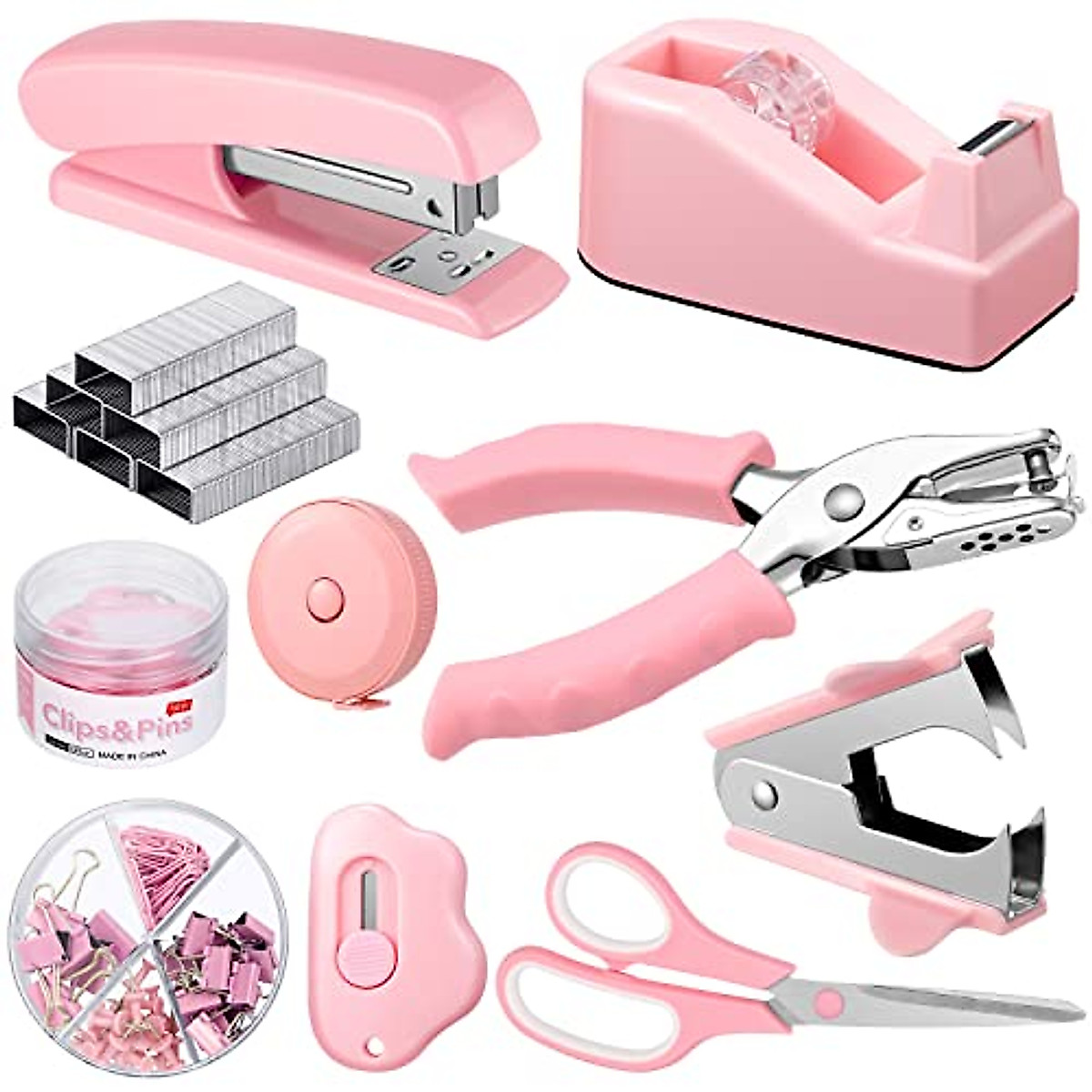 10 Piece Pink Desk Accessory Kit Includes Stapler with Staples Tape Dispenser Staple Remover Single Hole Punch Paper Clips Scissors Tape Measure Small Telescopic Knife Cute Office Desk Accessories