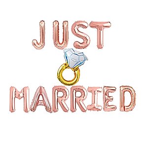 Just Married Balloons, Rose Gold Mylar Balloons Decors For Wedding/Engagement/Bachelorette/Bridal Shower Party Sign Supplies