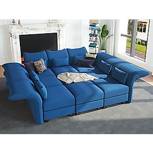 LLappuil Oversized Sleeper Sectional Sofa Couch, 102.2" 9-Seater Bed Shaped Modular Sectional Sofa with Storage Chaise, High Back Recliner Velvet Couches, Anti-Scratch Blue