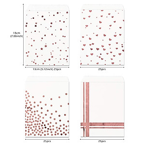 Kesoto 100 Pack Assorted Rose Gold Foil Dots Small Paper Treat Bags for Candy Cookie Buffet, Food Safe Biodegradable Party Favor Bags